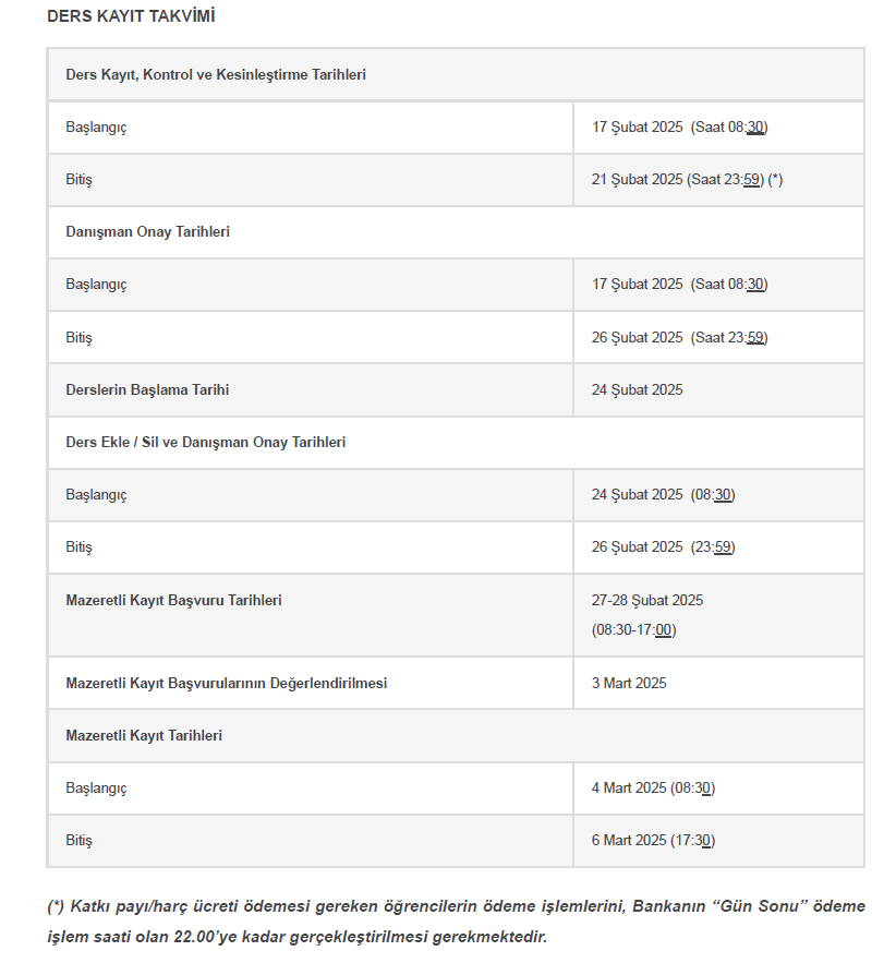 Ders Kayıt Duyurusu (2024-2025 Eğitim-Öğretim Yılı Bahar Yarıyılı)