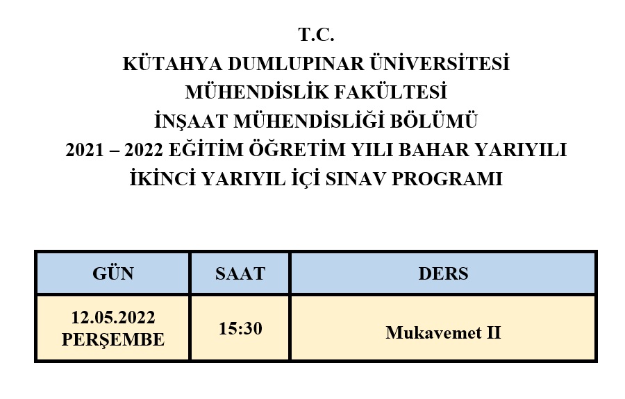 Mukavemet II Dersi İkinci Yarıyıl İçi Sınavı